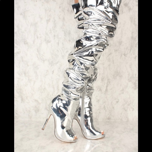Shoes | Silver Thigh High Boots | Poshmark